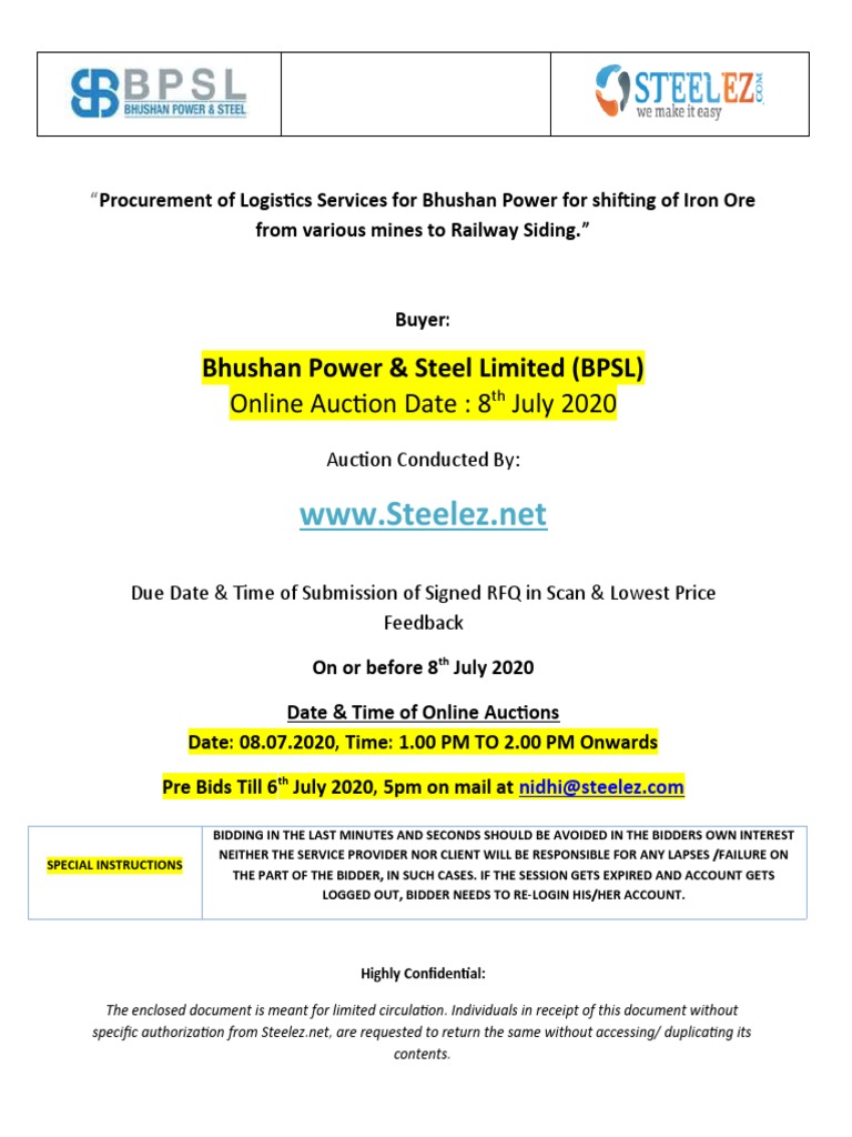 Bhushan Power & Steel Limited (BPSL) : Online Auction Date: 8 July 2020 | PDF | Auction ...