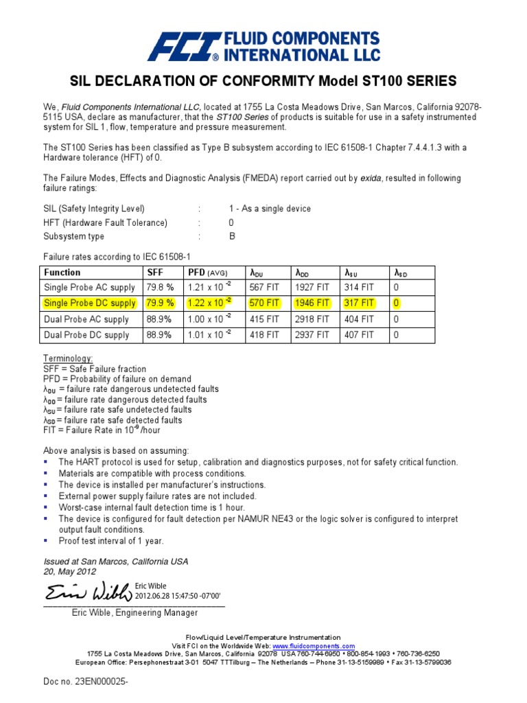 ST100 Series SIL Declaration of Conformity (23EN000025) | PDF | Safety | Systems Engineering