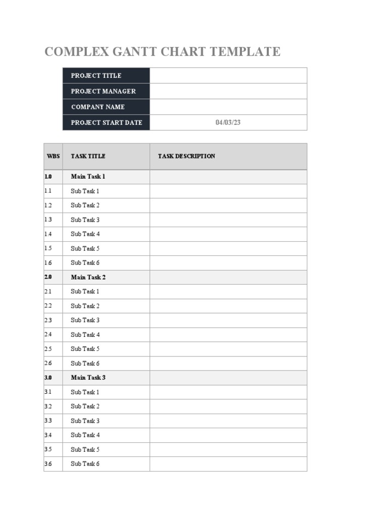Complex Gantt Chart Template: Project Title Project Manager Company ...