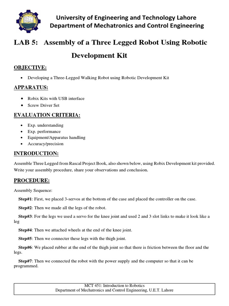 LAB 5: Assembly of A Three Legged Robot Using Robotic Development Kit | PDF