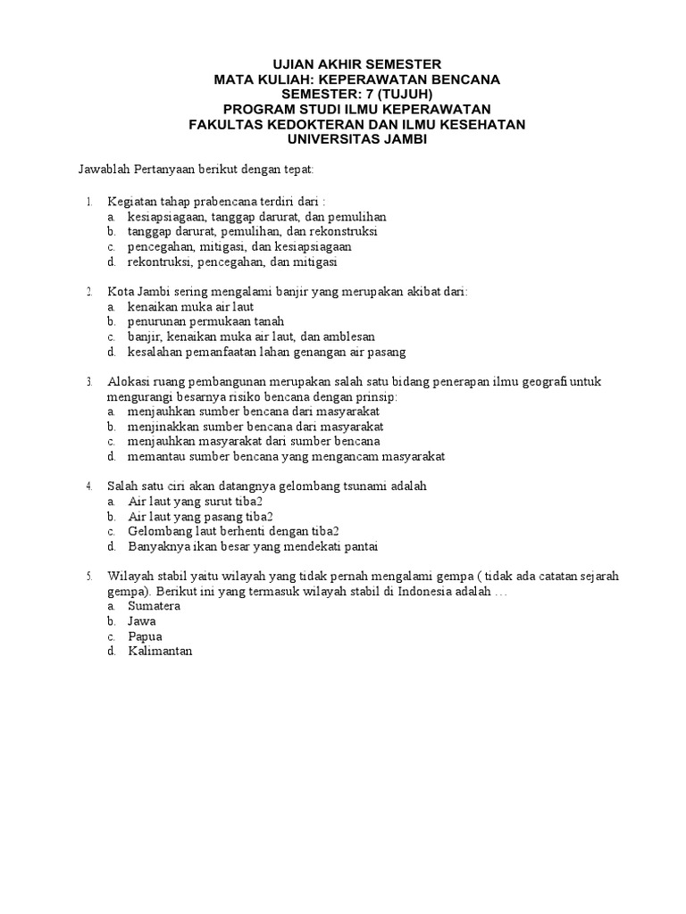 Ujian Akhir Semester Mata Kuliah Keperawatan Bencana | PDF