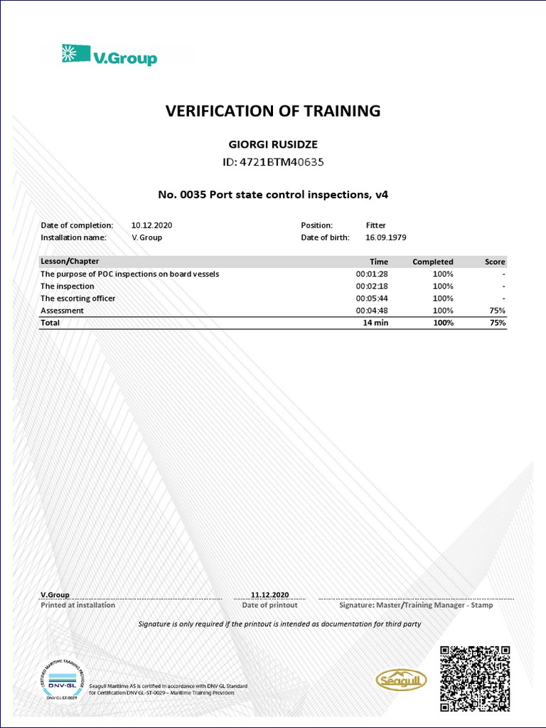 Verification of Training: Giorgi Rusidze | PDF | Safety | Occupational ...