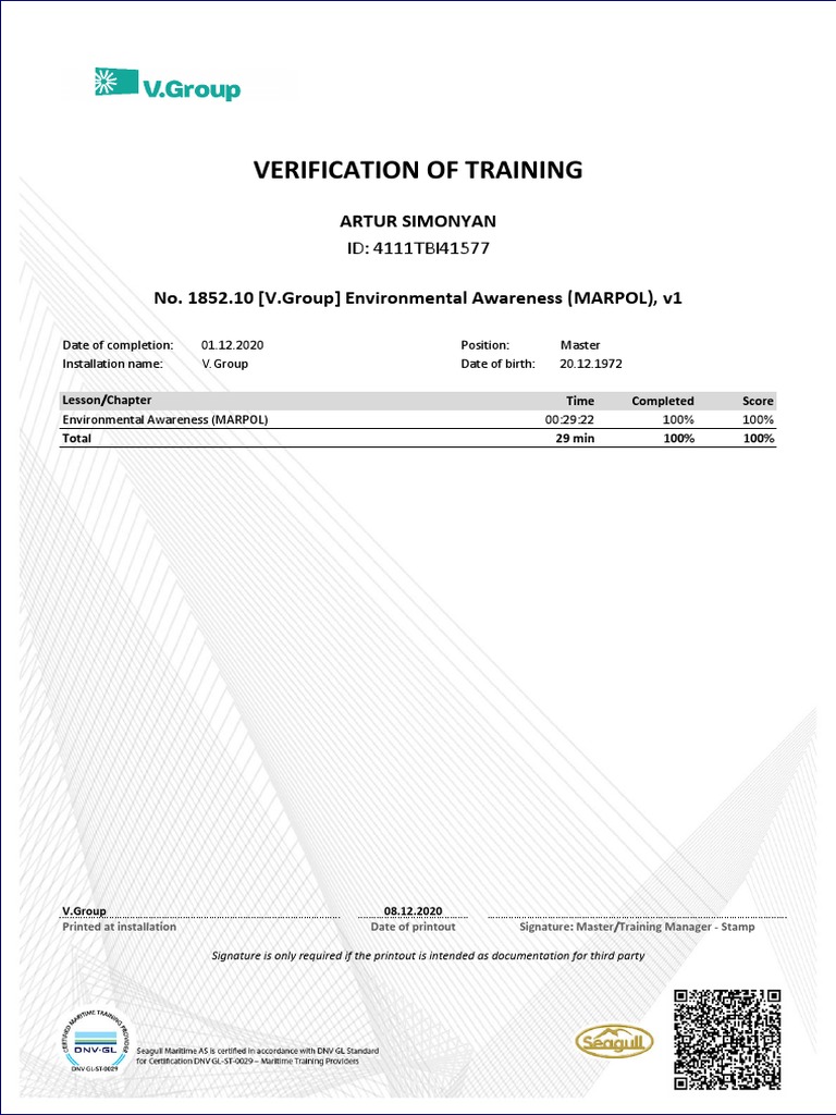MARPOL Training Verification for Artur Simonyan | PDF