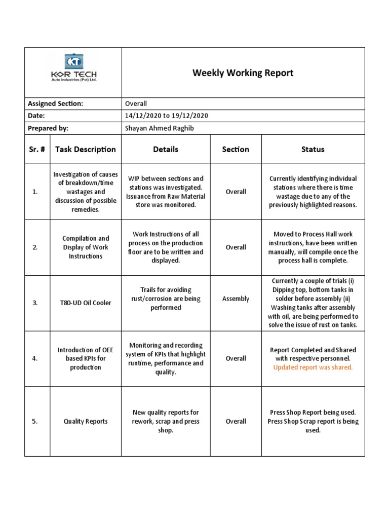 Weekly Working Report (Week 12) | PDF | Business