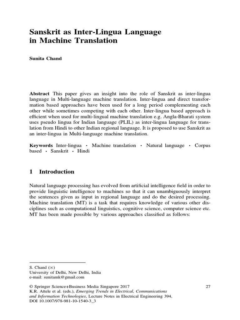 Sanskrit As Inter-Lingua Language in Machine Translation: Sunita Chand ...