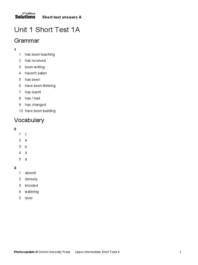 Unit 1 Short Test 1A: Grammar | PDF