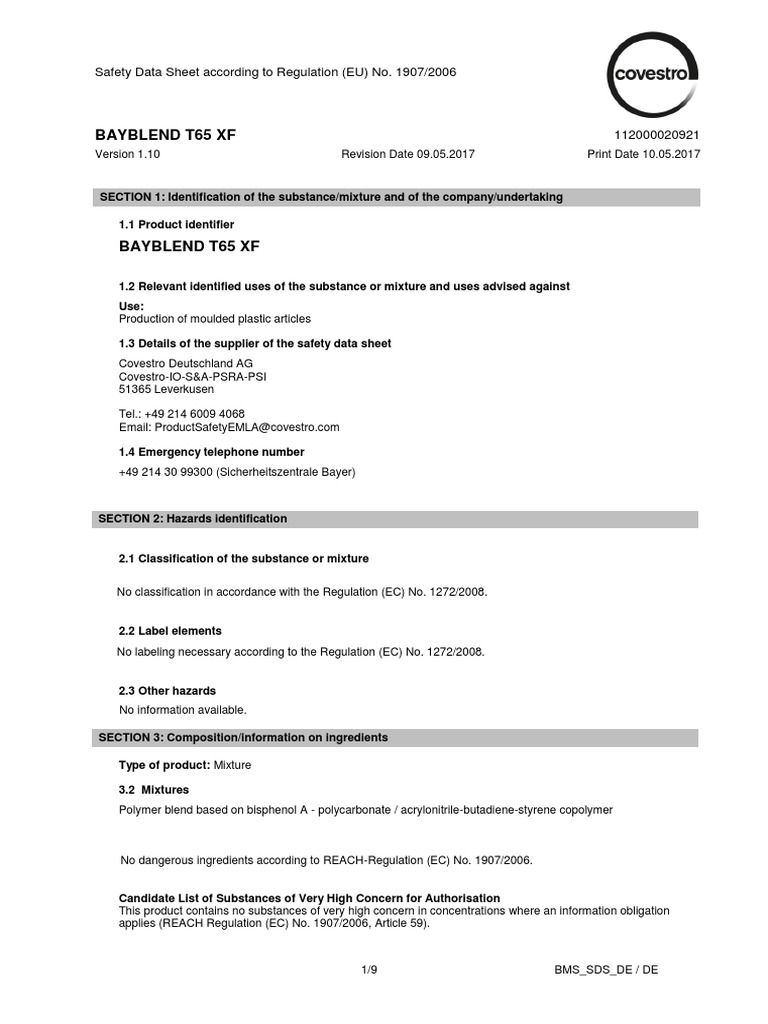 Bayblend T65 XF Safety Data Sheet | PDF | Dangerous Goods | Toxicity