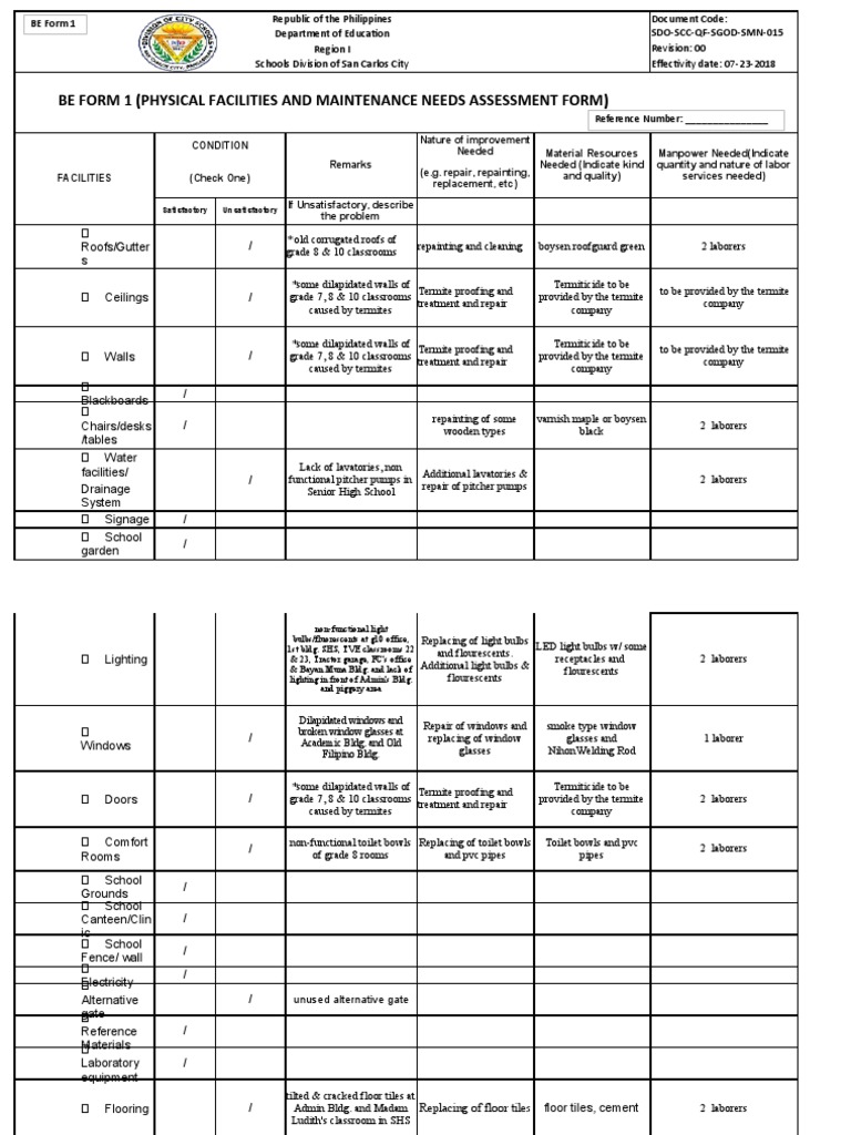 Maintenance Assessment Form | PDF | Classroom | Architectural Design