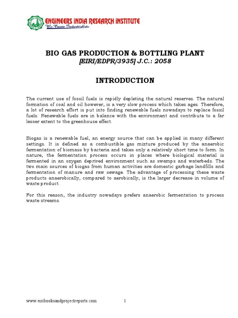 Project Report On Bio Gas Production & Bottling Plant | PDF | Biogas ...