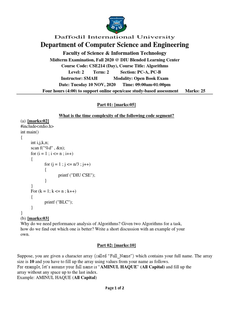 DIU CSE214 Algorithms Midterm 2020 | PDF | Array Data Structure | Computer Programming