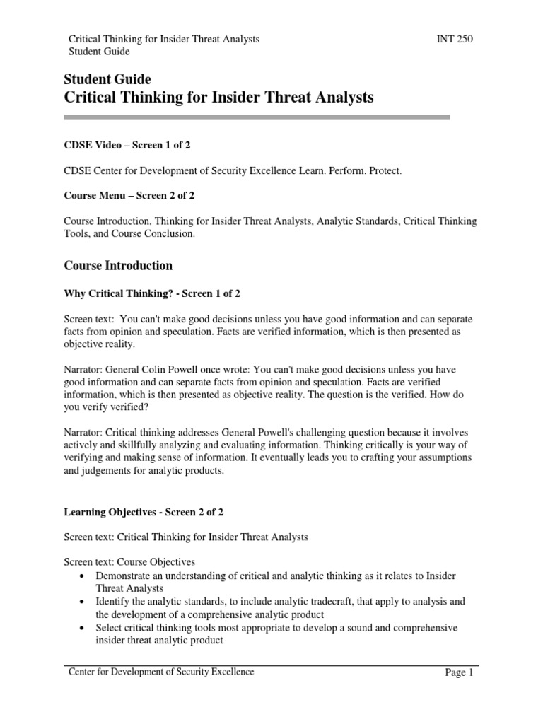 Critical Thinking for Insider Threat Analysts | PDF | Intelligence ...