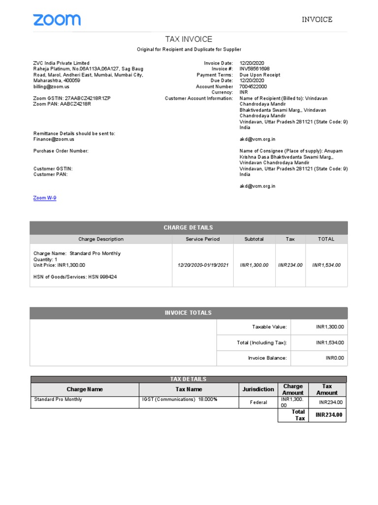 Invoice Tax Invoice: Zoom W-9 | PDF | Invoice | Financial Transaction