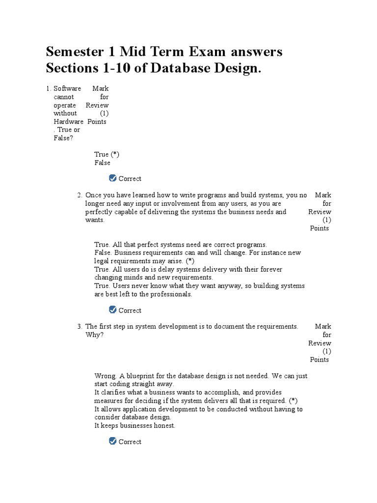Semester 1 Mid Term Exam Answers Sections 1-10 of Database Design | PDF ...