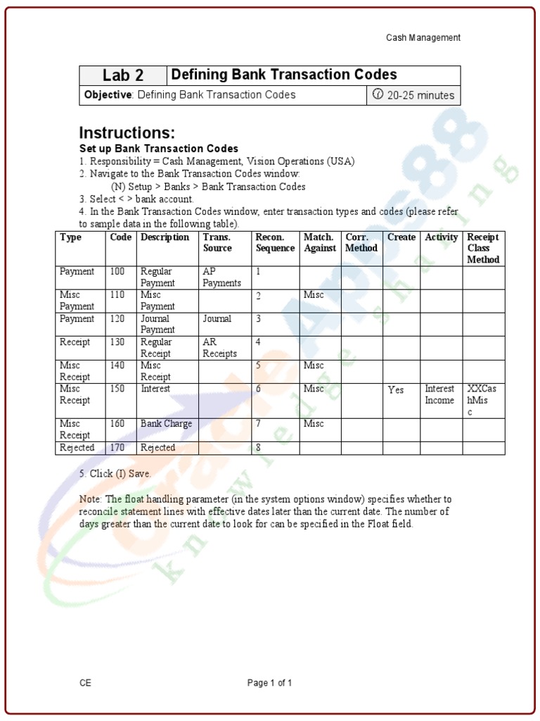 Defining Bank Transaction Codes: Cash Management | PDF