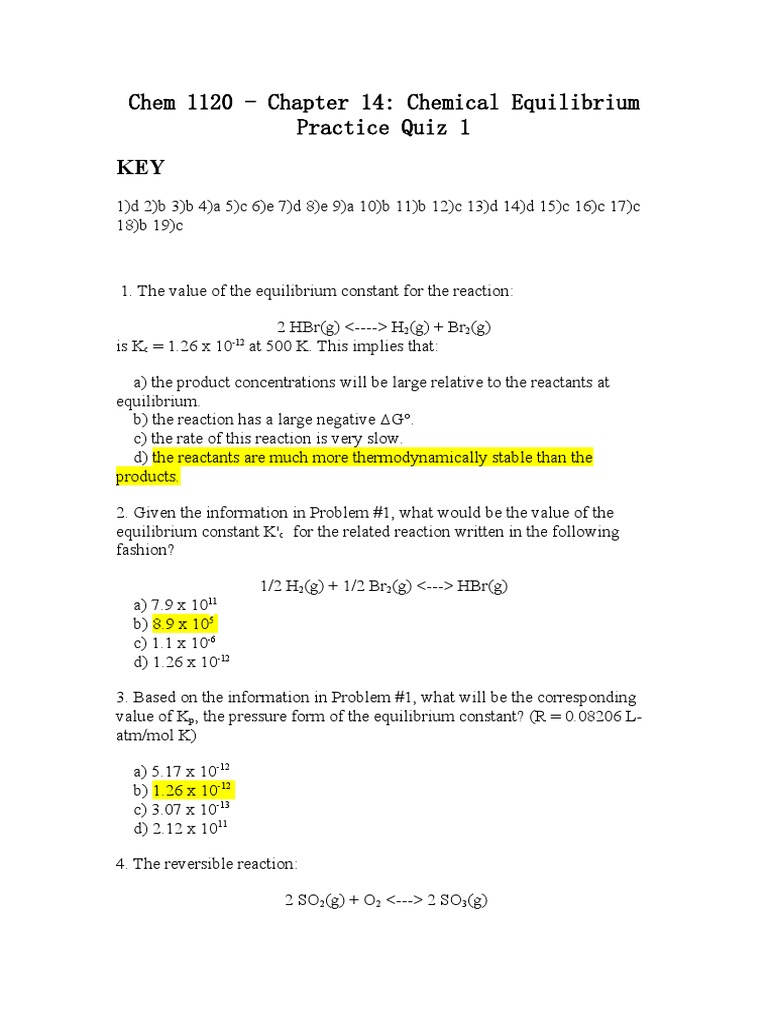 Chemical Equilibrium Practice Quiz | PDF | Chemical Equilibrium ...