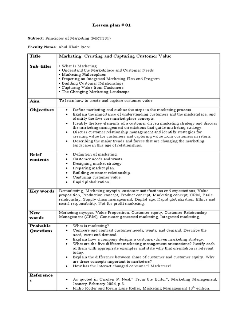 Marketing: Creating and Capturing Customer Value: Lesson Plan # 01 | Download Free PDF ...