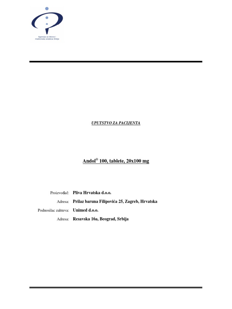 Andol 100, Tablete, 20x100 MG: Uputstvo Za Pacijenta | PDF
