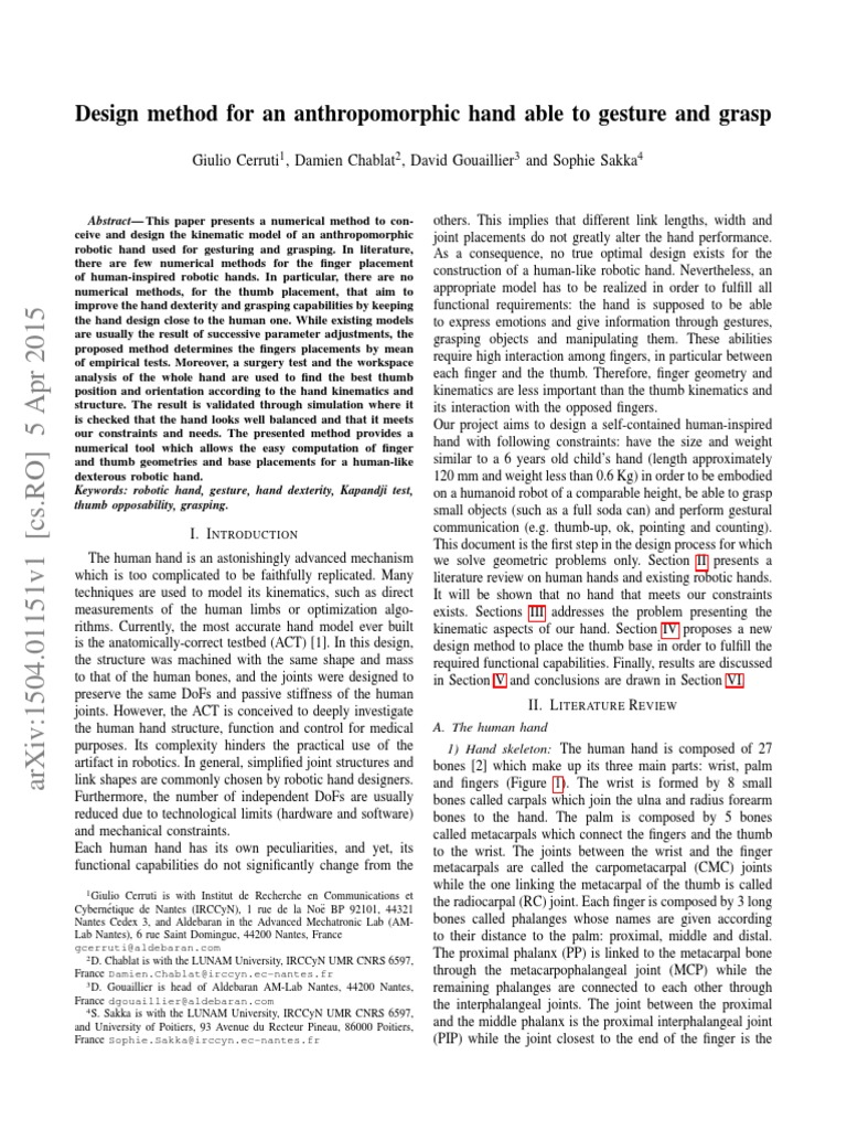 Design Method For An Anthropomorphic Hand Able To Gesture and Grasp ...
