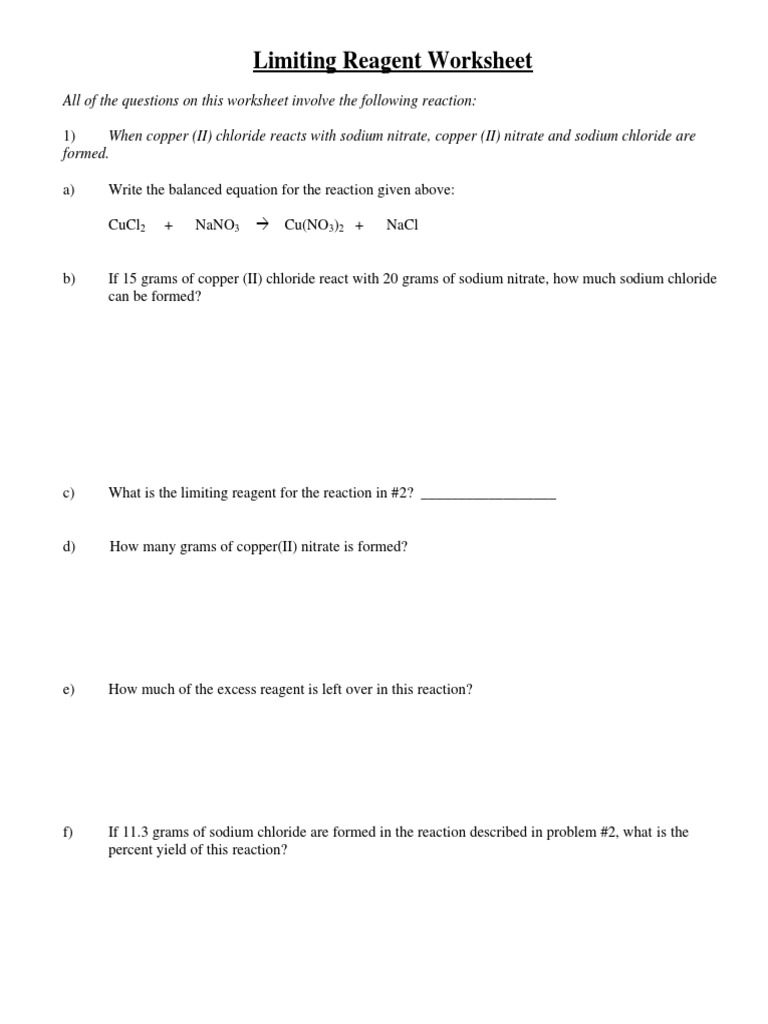 Limiting Reactant Worksheet | PDF | Chemical Reactions | Chlorine