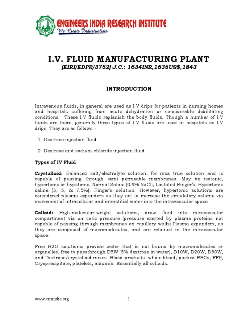 IV Fluid Manufacturing Plant Overview | PDF | Chemistry | Medical ...