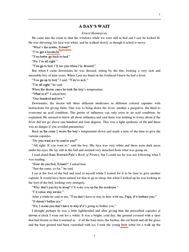 "A Day's Wait: A Hemingway Short Story" | PDF | Influenza | Diseases ...