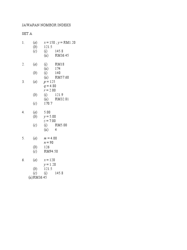 Jawapan Nombor Indeks Set A Dan Set B | PDF