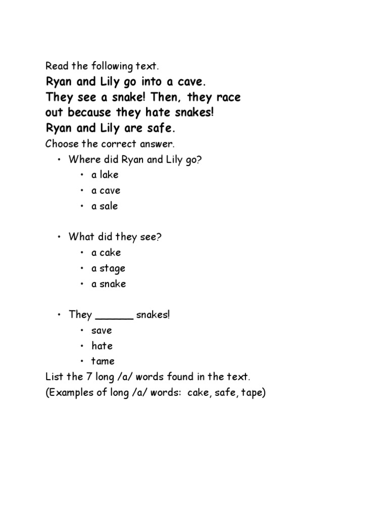 Long A Reading Comprehension Worksheet | PDF