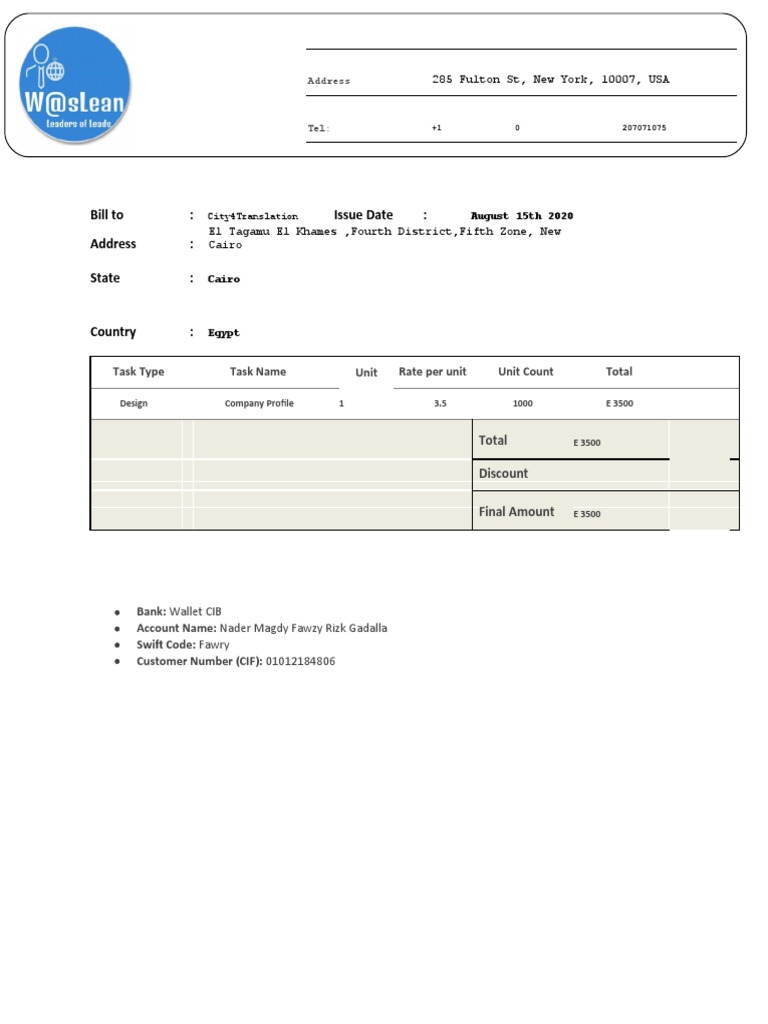 Bill To: Issue Date: Address: State:: Task Type Task Name Unit Rate Per Unit Unit Count Total | PDF