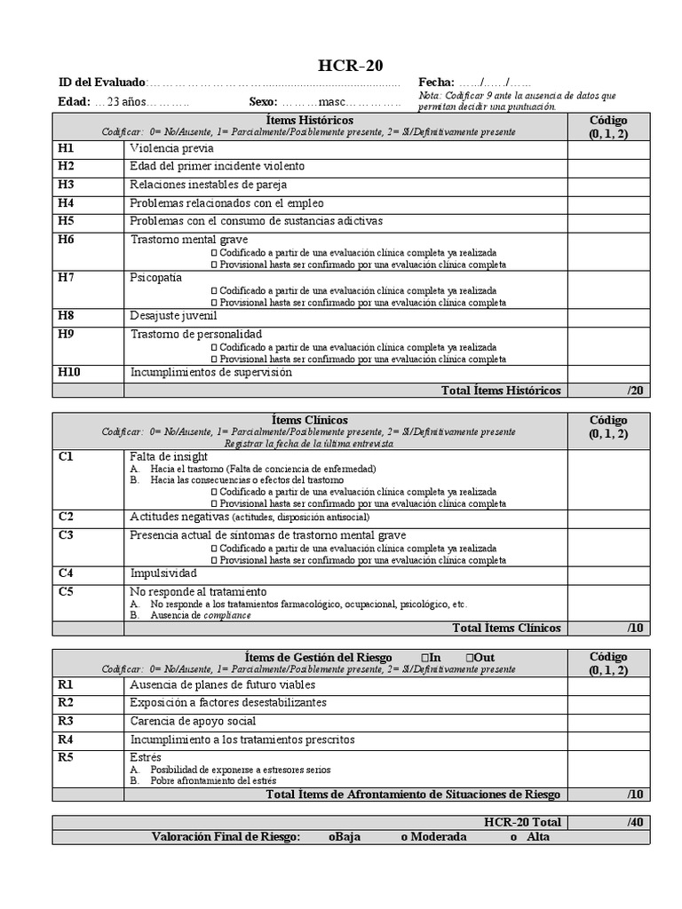 HCR 20 | PDF | Trastorno mental | Sistema nervioso