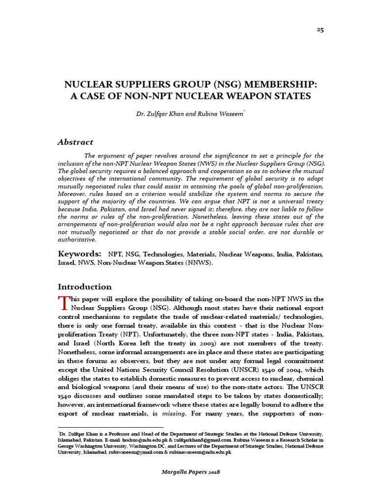 Nuclear Suppliers Group (NSG) Membership: A Case of Non-Npt Nuclear ...