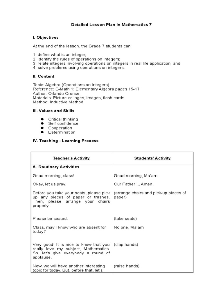 Detailed Lesson Plan in Integers FINAL | PDF | Integer | Lesson Plan