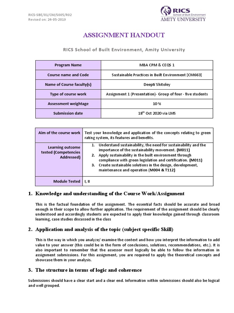 Assignment Handout: RICS School of Built Environment, Amity University ...