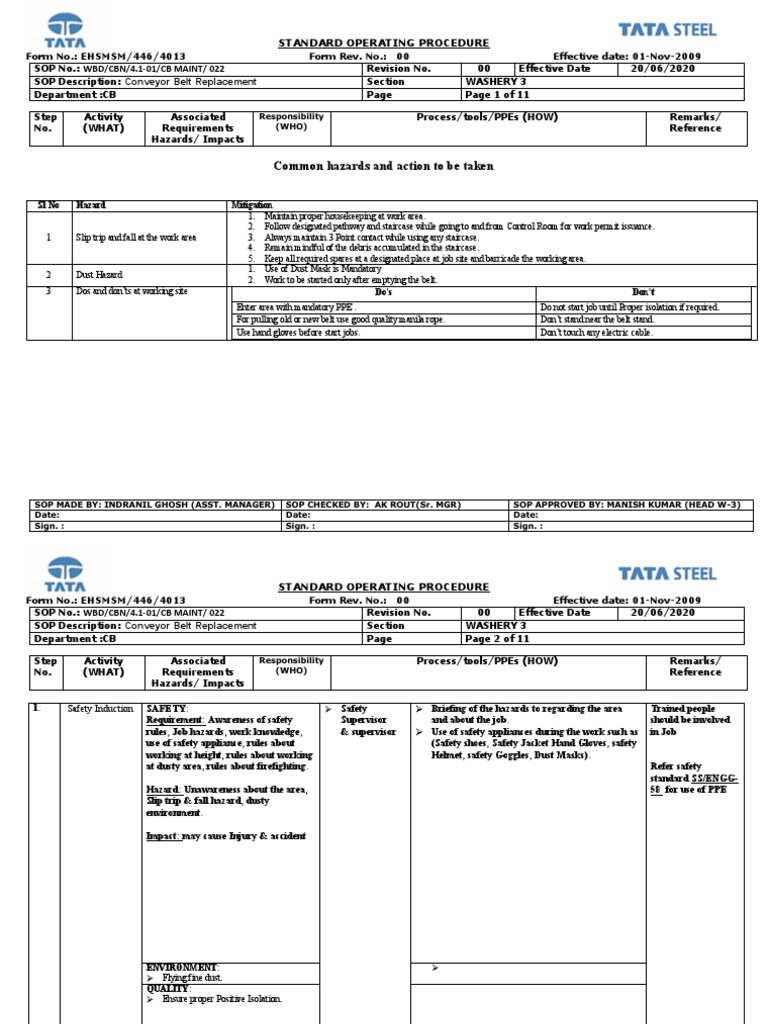 SOP of Conveyor Replacement | PDF | Personal Protective Equipment ...
