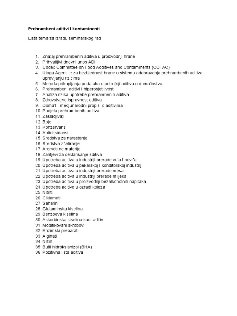 Prehrambeni Aditivi I Kontaminenti Teme Za Seminarski Rad | PDF