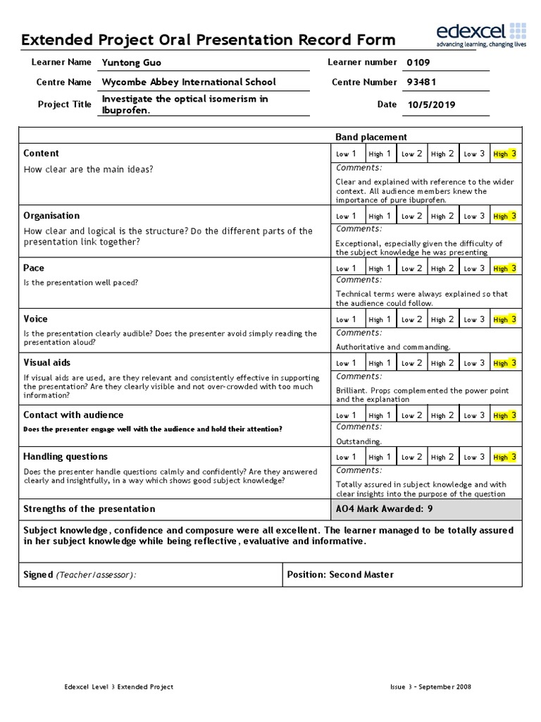 Extended Project Oral Presentation Record Form | PDF | Semiotics | Learning