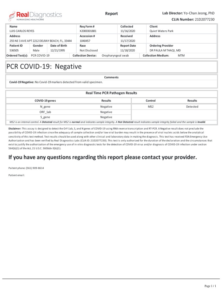 PCR COVID-19: Negative: If You Have Any Questions Regarding This Report ...