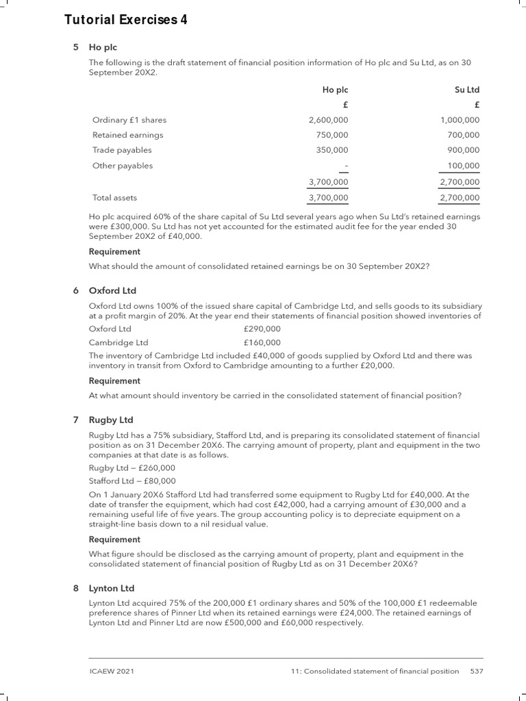 ACW366 - Tutorial Exercises 4 PDF | PDF | Balance Sheet | Goodwill ...