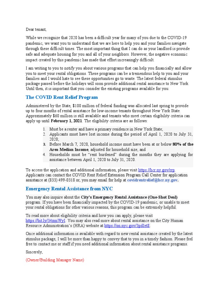 Rental Assistance Letter Sample | PDF | Renting | Landlord