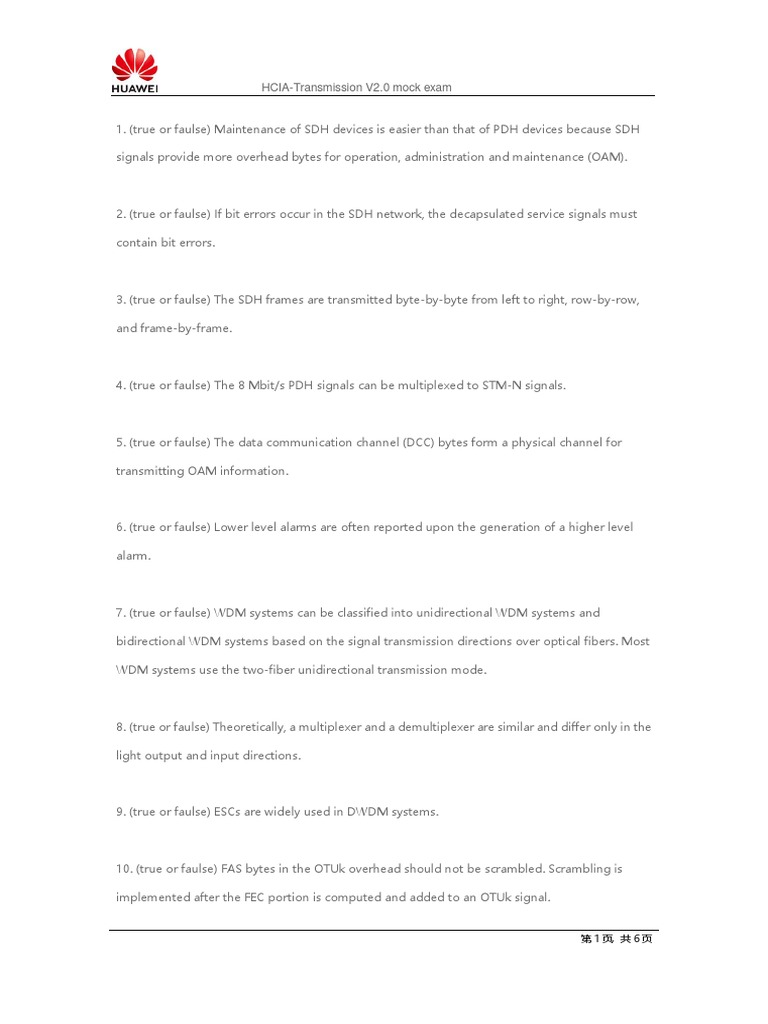 HCIA-Transmission V2.0 Mock Exam | PDF | Wavelength Division ...
