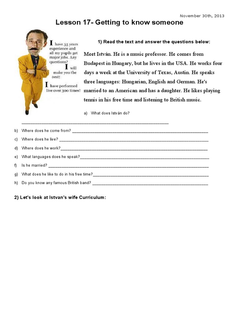 Lesson 17-Getting To Know Someone: 1) Read The Text and Answer The ...