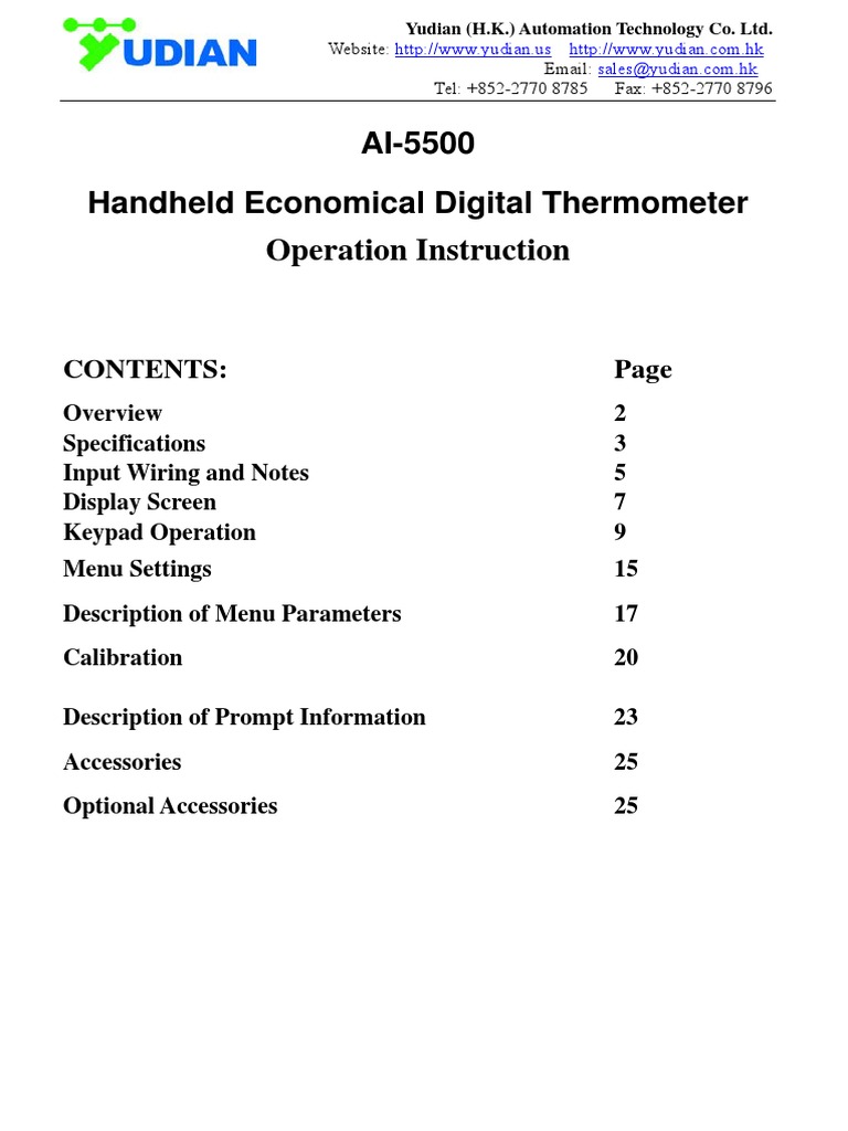 Yudian AI-5500 Handheld Digital Thermometer Manual | PDF | Celsius | Fahrenheit