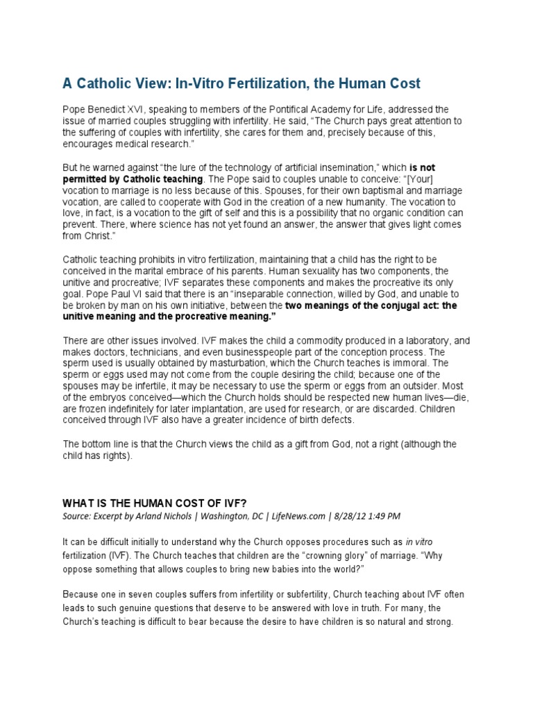 Catholic Perspective on IVF | PDF | In Vitro Fertilisation | Infertility