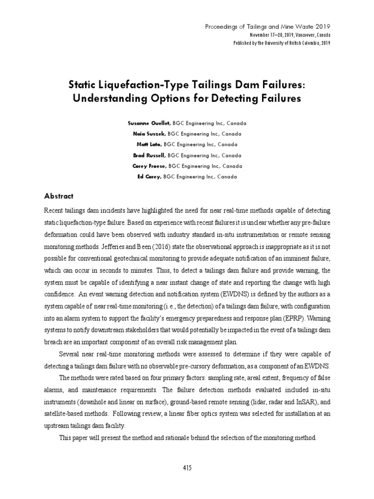 Static Liquefaction-Type Tailings Dam Failures: Understanding Options For Detecting Failures ...
