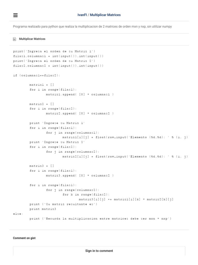 Multiplicacion de 2 Matrices de Orden MXN y NXP, Sin Utilizar Numpy en ...
