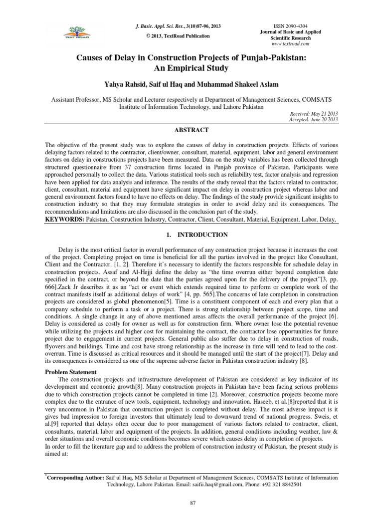 Causes of Delay in Construction Projects of Punjab-Pakistan: An Empirical Study | PDF ...
