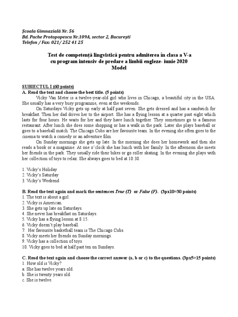 Model de Subiect 2020 | PDF | Leisure