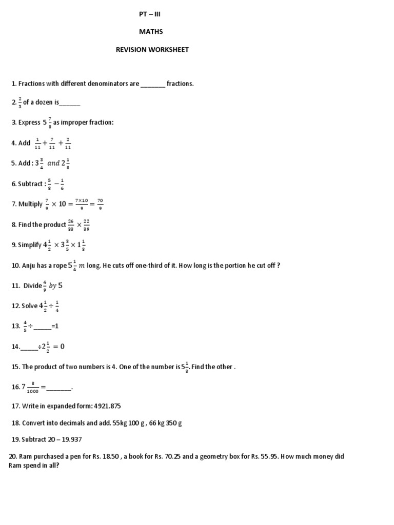 Class-5, Maths, PT-3, Revision Worksheet | PDF | Fraction (Mathematics ...