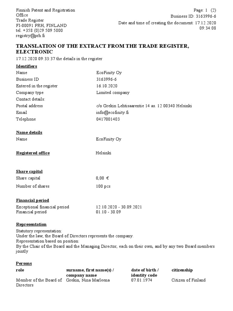 Translation of The Extract From The Trade Register, Electronic | PDF ...