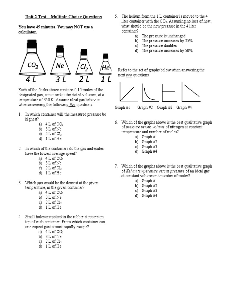 Unit 2 MC Test | PDF | Gases | Mole (Unit)
