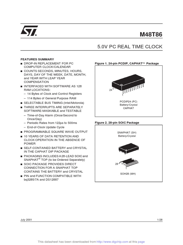 5.0V PC Real Time Clock: Features Summary Figure 1. 24-Pin PCDIP ...